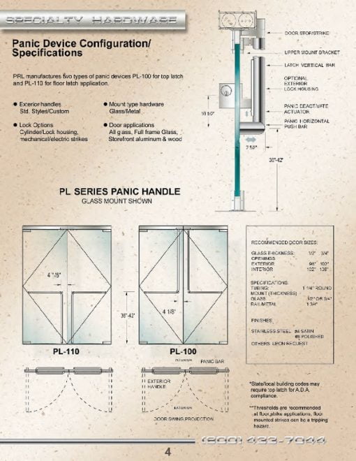 Panic Device Specifications for PRL Glass Door Panic Systems
